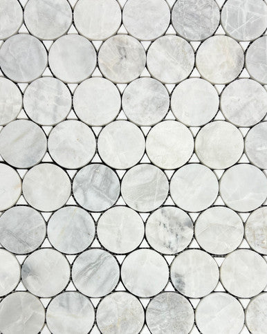 3" Penny Round Aspen Grey Honed with Thassos Polished Triangles ...